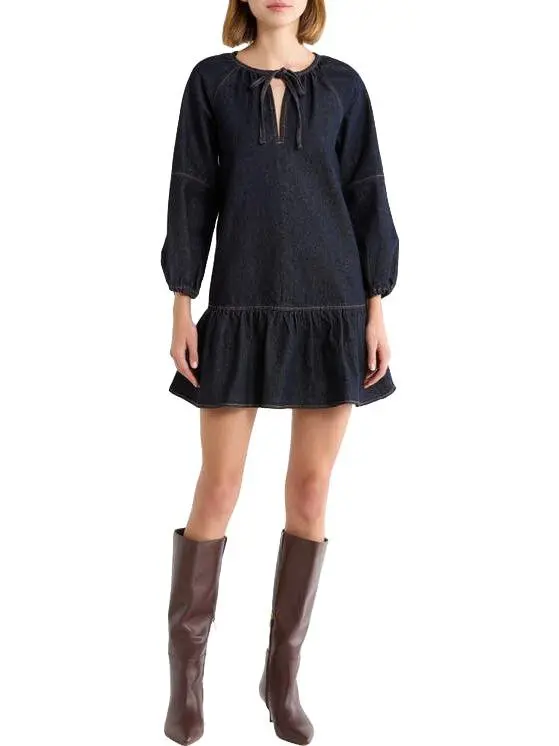 WAYF Sawyer Long Sleeve Denim Minidress - Dark Navy
