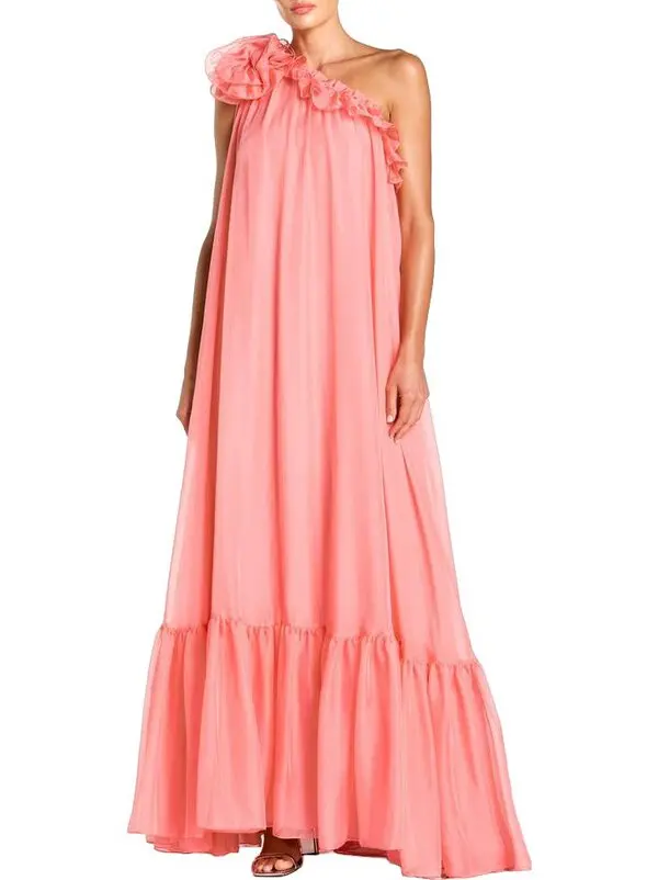 Mac Duggal One Shoulder Chiffon Maxi Gown With 3d Rosette - Hibiscus