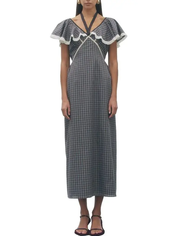 MAUDE CLUB Valerie Cotton Plaid Midi Dress - Teal Multi