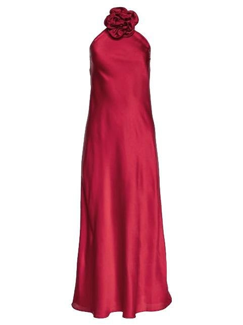VASILIKI Belle Halter Neck Silky Dress With Crystallised Floral Corsage - Red