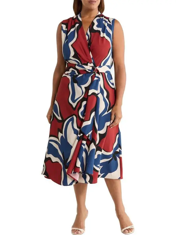 Anne Klein Print Surplice Midi Dress - Rust Multi