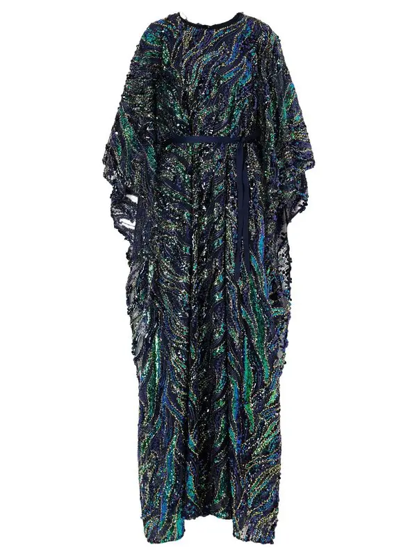 TALLER MARMO Firefly Belted Draped Sequined Tulle Gown - Multi