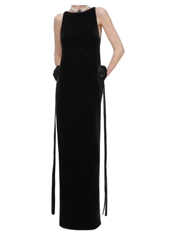 SELF-PORTRAIT Velvet Bow Sides Maxi Dress - Black