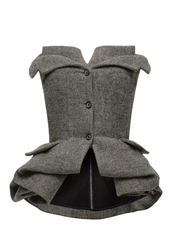 Magda Butrym Strapless Wool Blouse With Rose Peplum - Grey