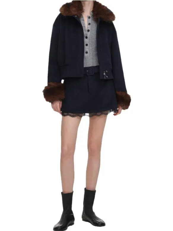 SELF-PORTRAIT Wool Fur Trim Jacket - Navy