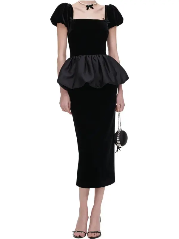 SELF-PORTRAIT Velvet Bubble Peplum Midi Dress - Black