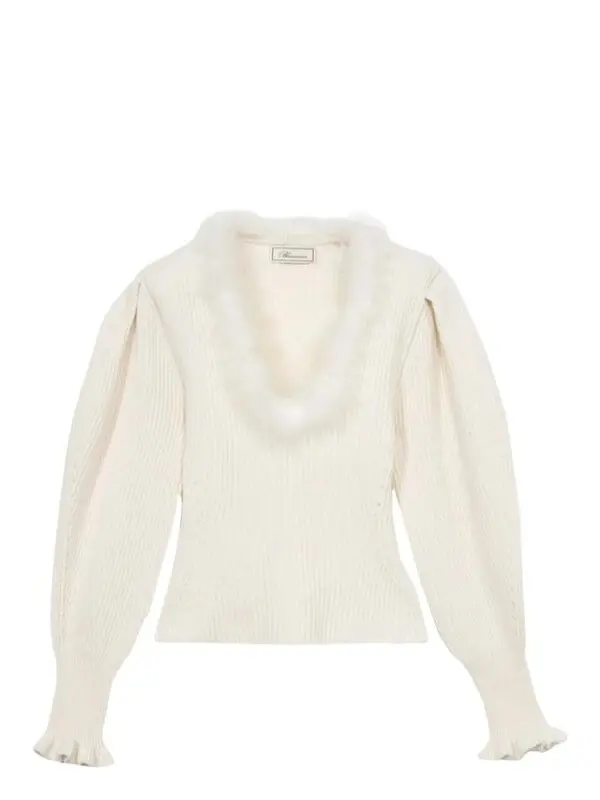 Blumarine V-neck Raw-edge Puff-sleeve Sweater - White