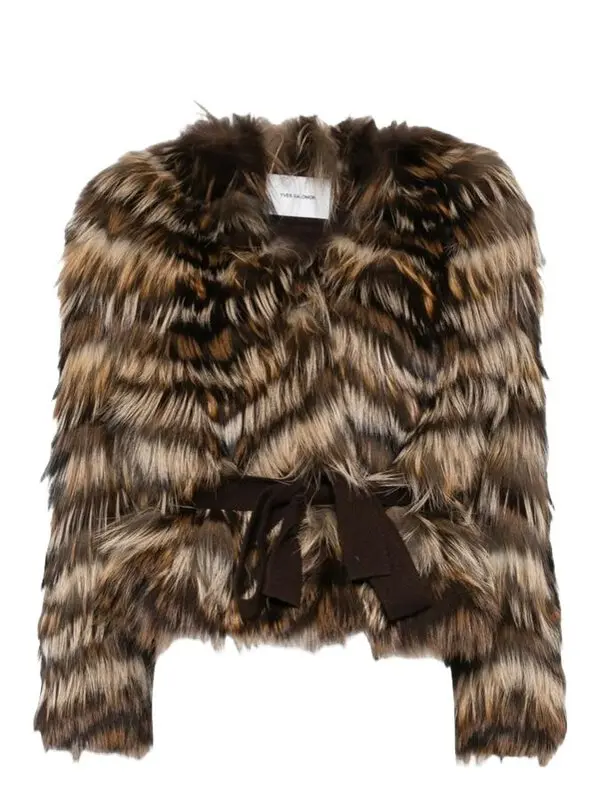 YVES SALOMON Belted Jacket In Merino Knit And Fox Fur - Tan