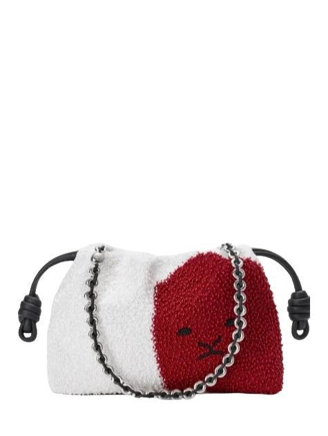 Loewe Medium Lion Beads Flamenco Purse In Beaded Canvas And Calfskin - White/red