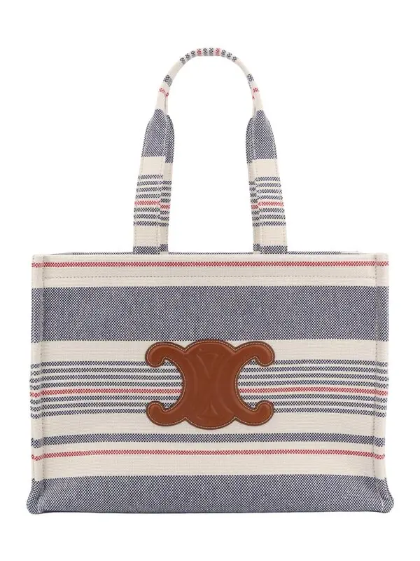 Celine Large Cabas Thais In Striped Textile And Calfskin - Gray