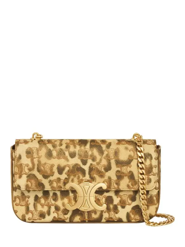 Celine Chain Shoulder Bag Claude In Triomphe Canvas With Leopard Print - Nude