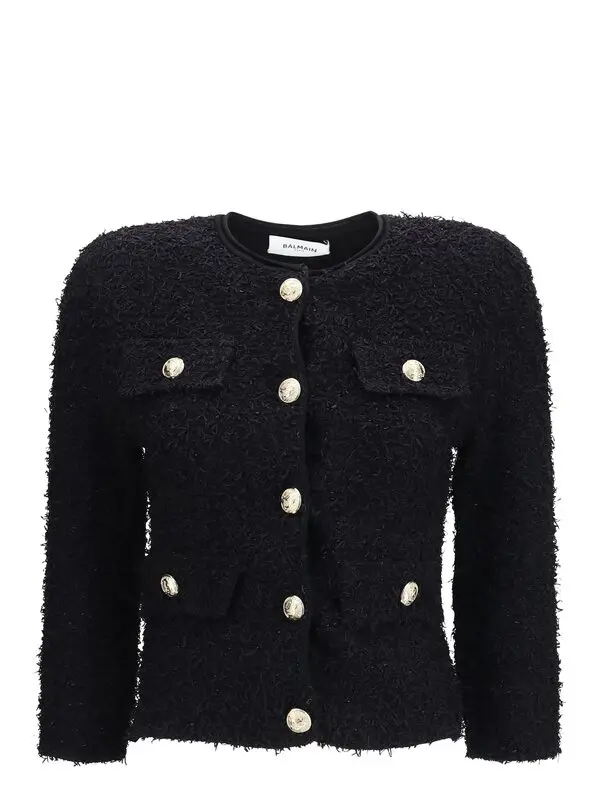 Balmain Double-breasted Tweed Cropped Jacket With Logo Buttons - Black