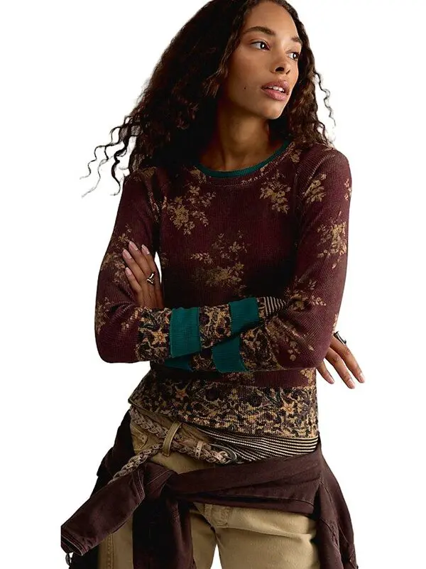 Free People We The Free Easy Does It Printed Long Sleeve Tee - Wine Combo