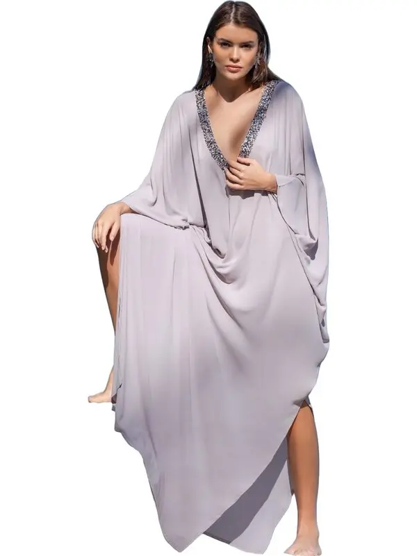 BELYED HANDCRAFT Grege – Embellished Crepe V-neck Kaftan Belyed - Grey