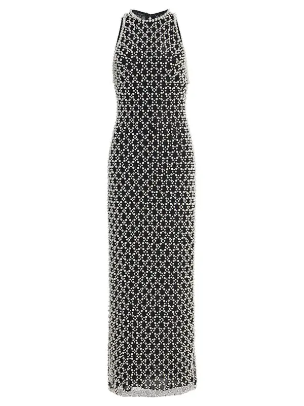 Monique Lhuillier Halter Pearl Embroidered Cocktail Dress - Black/white