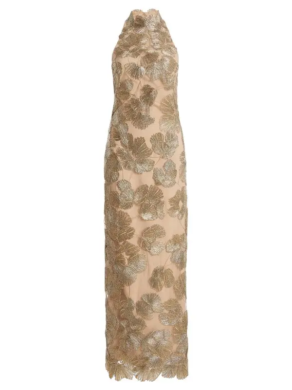 Monique Lhuillier Embroidered Tulle Halter Maxi Dress - Gold