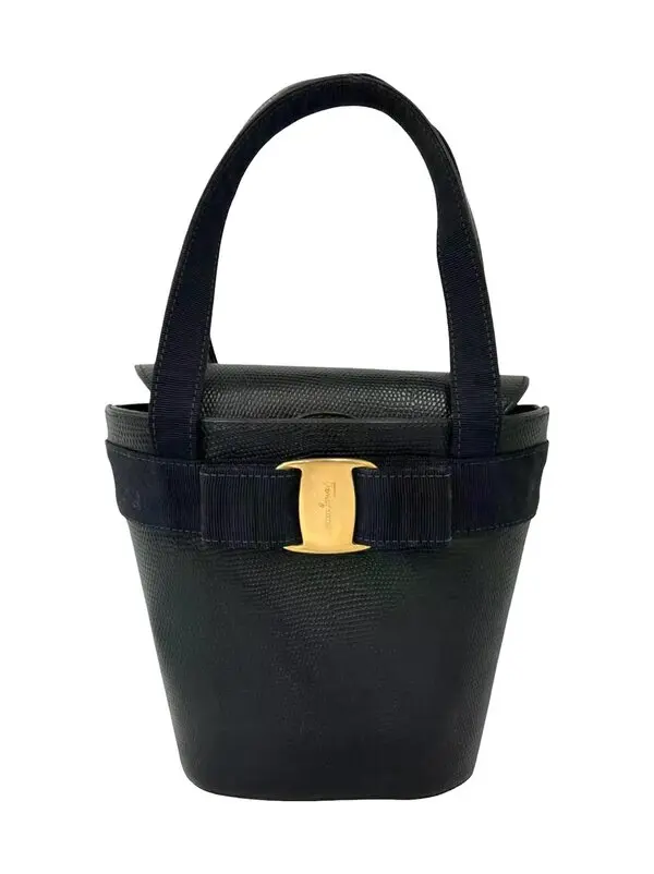 FERRAGAMO 2000-2026 Leather Vara Bow Top Handle Bucket Bag - Blue