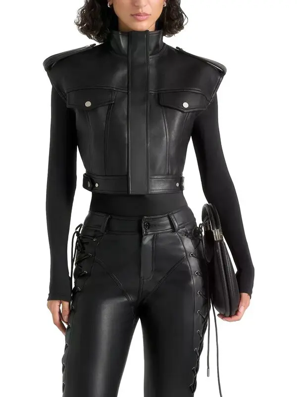 Manière De Voir Imelda Leather Cropped Wide Shoulder Sleeveless Jacket - Black