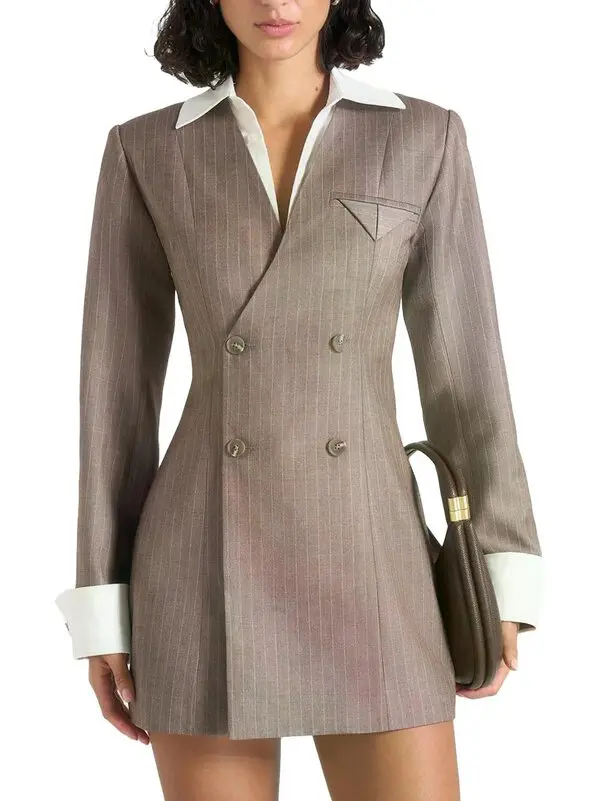 Manière De Voir Pinstripe Shirt-detail Mini Dress - Brown
