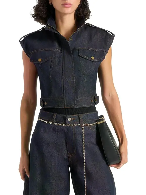 Manière De Voir Imelda Denim Cropped Wide Shoulder Sleeveless Jacket Indigo - Blue