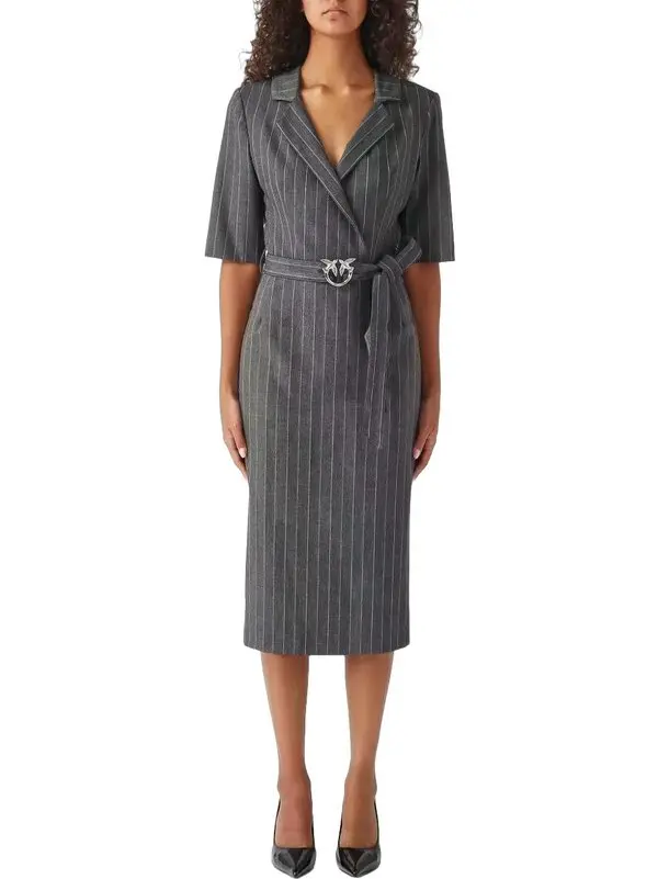 Pinko Pinstripe-pattern Logo-buckle Midi Dress - Grey