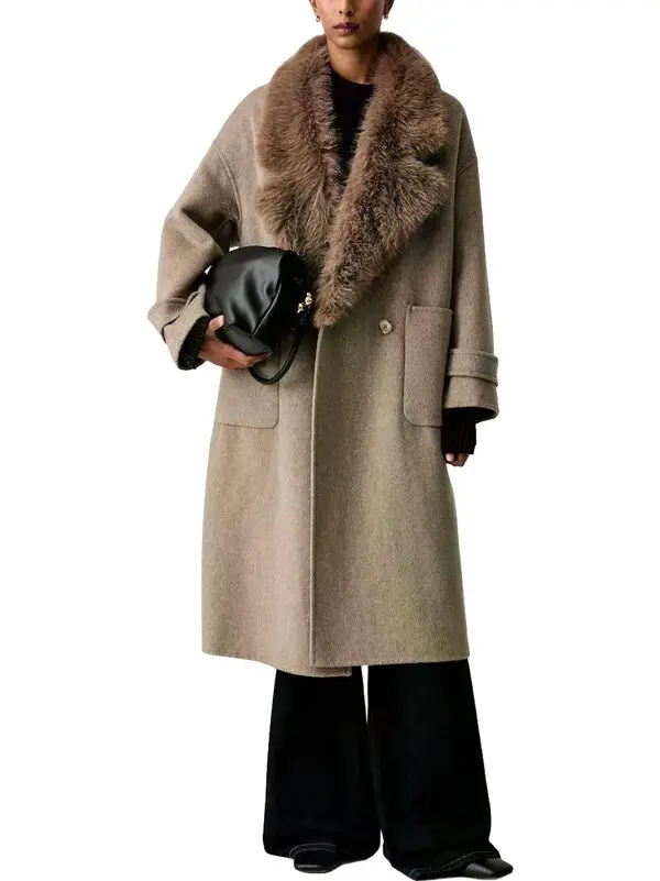 VICOLO Faux-fur Collar Double-breasted Coat - Neutrals