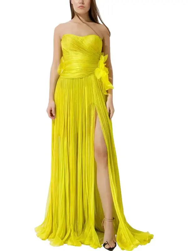 IRIS SERBAN Floral-applique Pleated Silk Dress - Yellow
