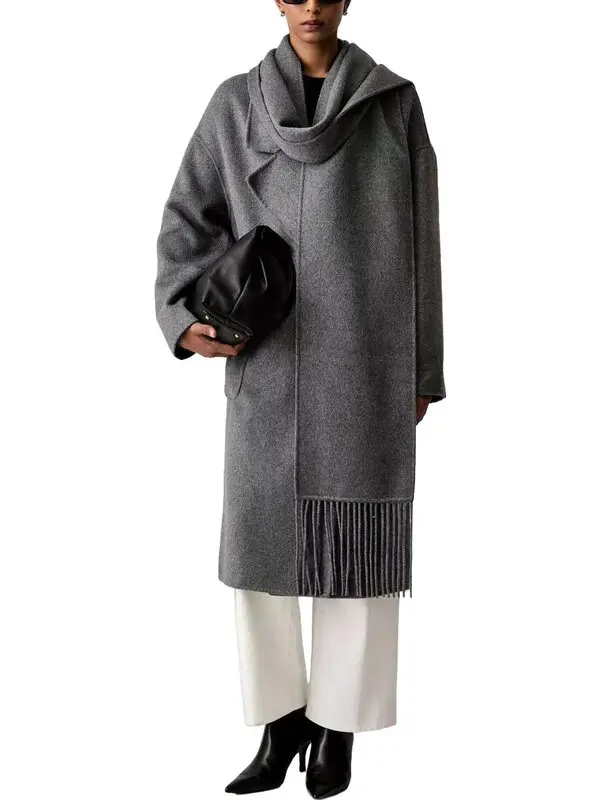 VICOLO Fringe-trimmed Scarf-detail Coat - Grey
