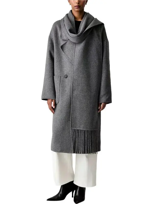 VICOLO Fringe-trimmed Scarf-detail Coat - Grey