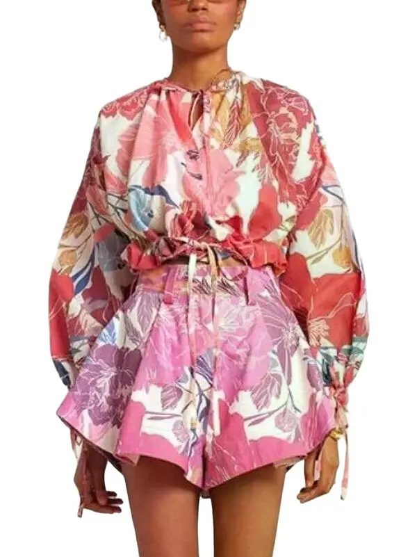 ISLA & WHITE Sophie Floral-print Balloon-sleeve Top - White