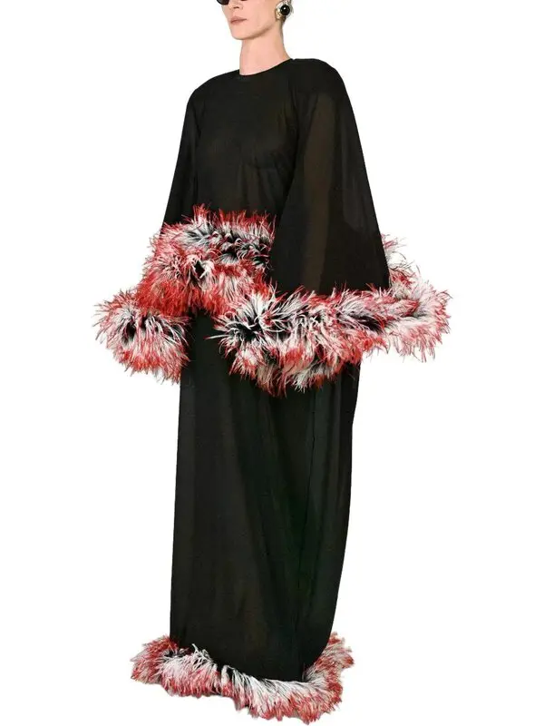ROWEN ROSE Feather-trim Cape-sleeve Maxi Dress - Black