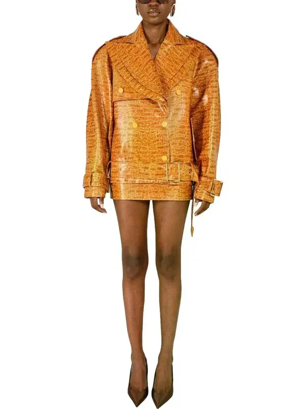 ROWEN ROSE Croco-effect Trench Jacket - Brown
