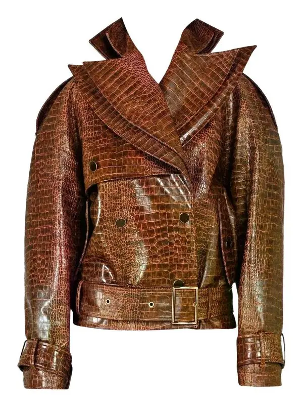 ROWEN ROSE Croco-effect Signature Short Trench Coat - Brown