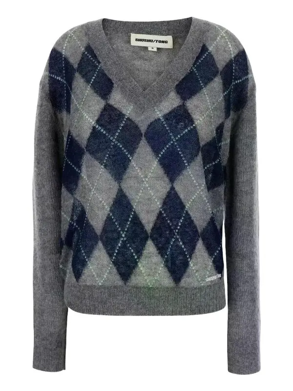 SHUSHU/TONG Argyle-pattern V-neck Sweater - Grey