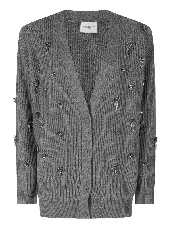 ISABELLE BLANCHE Crystal-embellished Ribbed-knit Wool Cardigan - Grey