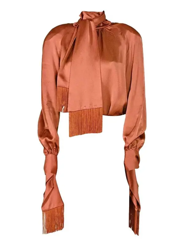ROWEN ROSE Fringed Pussy-bow Blouse - Brown
