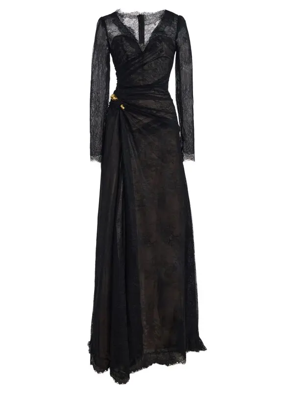 Monique Lhuillier Chantilly Lace Long-sleeve Gown - Black