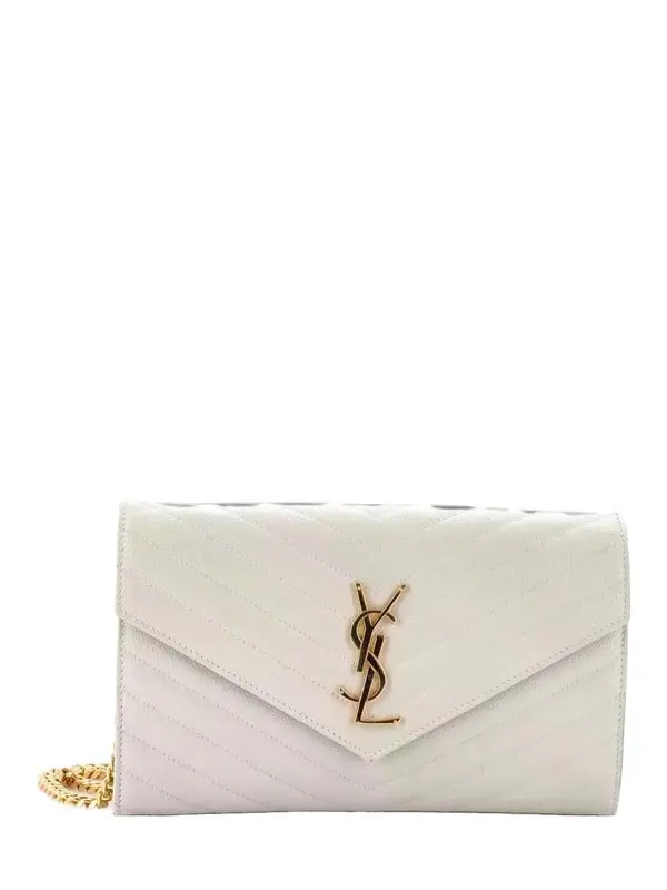 Saint Laurent Classic Monogram Wallet On Chain Matelasse Chevron Leather Medium Crossbody Bag - Neutrals