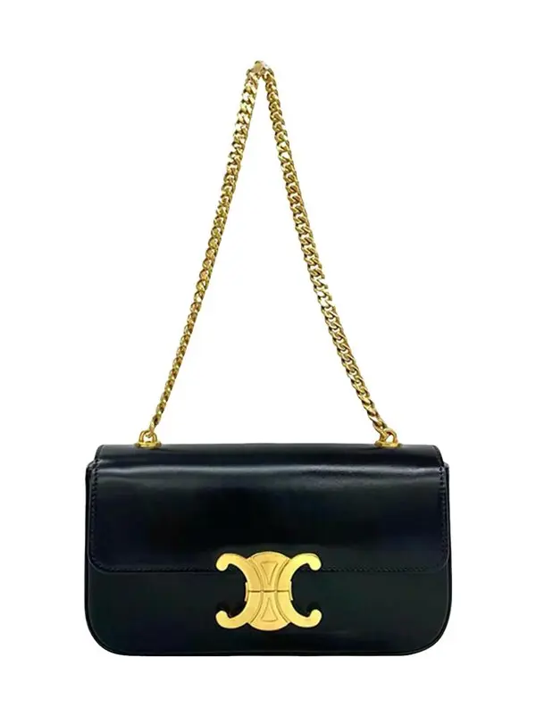 Celine 2022 Shiny Calfskin Triomphe Claude Shoulder Bag - Black