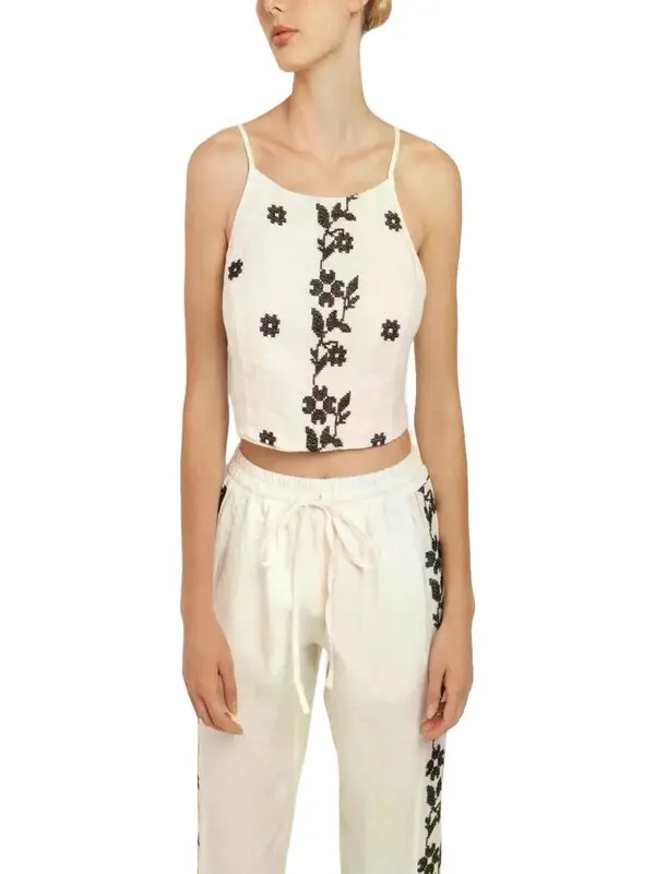 Greek Archaic Kori Embroidered Daisy Crop Top - Neutrals