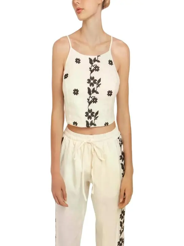 Greek Archaic Kori Embroidered Daisy Crop Top - Neutrals