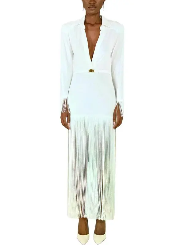 ROWEN ROSE Fringe-trim Long-sleeve Maxi Polo Dress - White