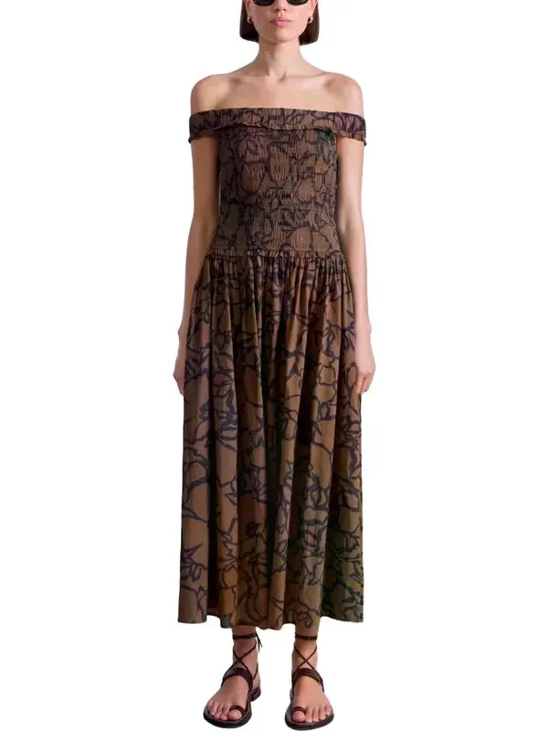 APIECE APART Britt Smocked Off-shoulder Maxi Dress - Brown