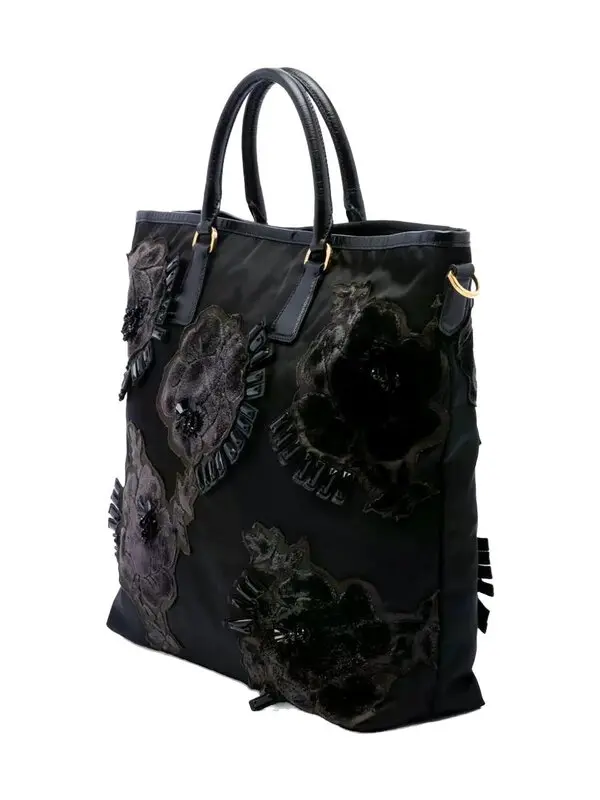 Prada 2013-2026 Beaded Tessuto Floral Applique Tote Satchel - Black