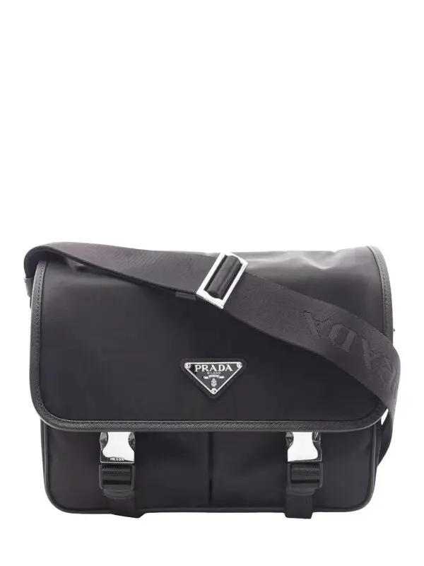 Prada 2013-2026 Saffiano Trimmed Tessuto Double Buckle Messenger Bag Crossbody Bag - Black
