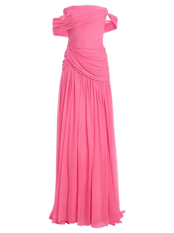 Monique Lhuillier Silk Asymmetric Off-the-shoulder Maxi Dress - Pink
