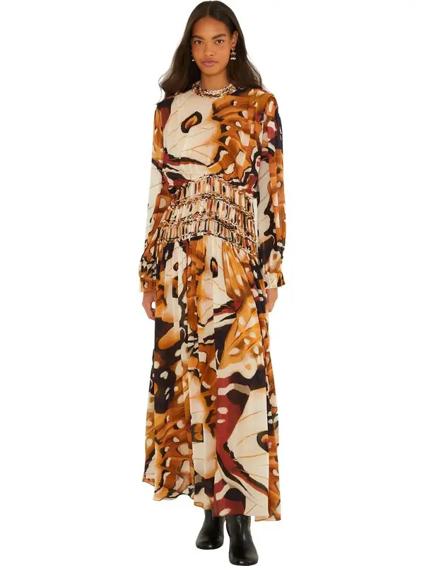 Farm Rio Borbofly Long Sleeve Macrame Maxi Dress - Borbofly Multicolor
