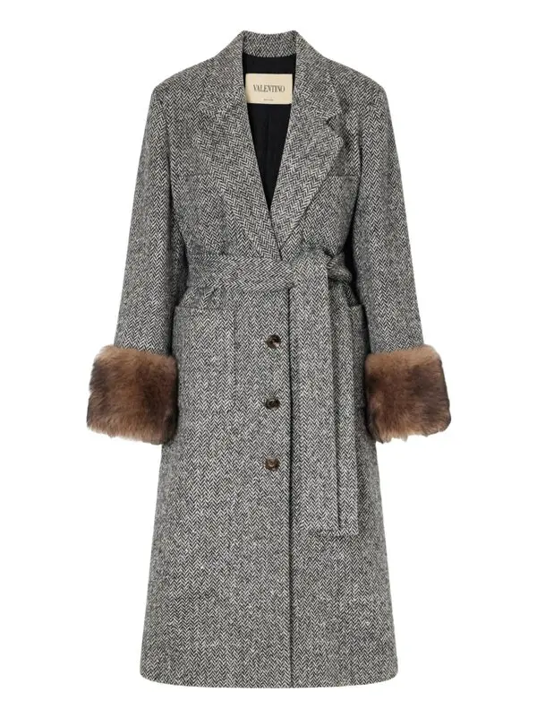 Valentino Garavani Belted Herringbone Coat - Gray