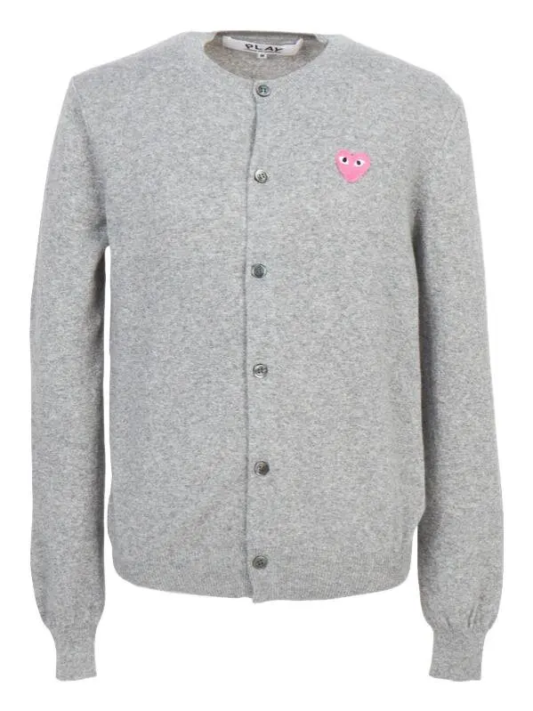 Play Comme Des Garcon Heart-patch Round-neck Cardigan - Medium Gray