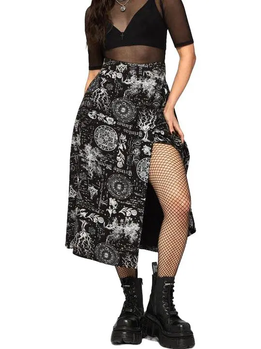 DISTURBIA Trinity Moon Print Wrap Midi Skirt - Black
